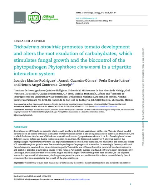 Pdf Trichoderma Atroviride Promotes Tomato Development And Alters The Root Exudation Of