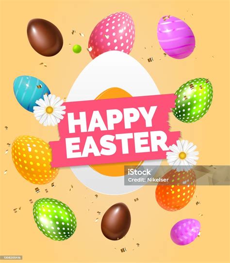 사실적인 다채로운 달걀 초콜릿 달콤한 부활절 달걀 구성해피 부활절 라벨 축제 배경 디자인 베이지 소프트 홀리데이 인사말 카드 0명에 대한 스톡 벡터 아트 및 기타 이미지
