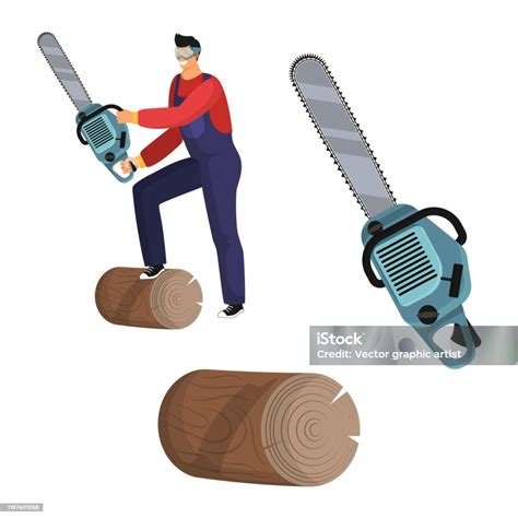 바지와 고글을 가진 잔인한 목재 잭은 전기 톱이있는 벌채 된 나무의 트렁크에 서 있습니다 격리된 개체 집합 강철에 대한 스톡 벡터 아트 및 기타 이미지 Istock