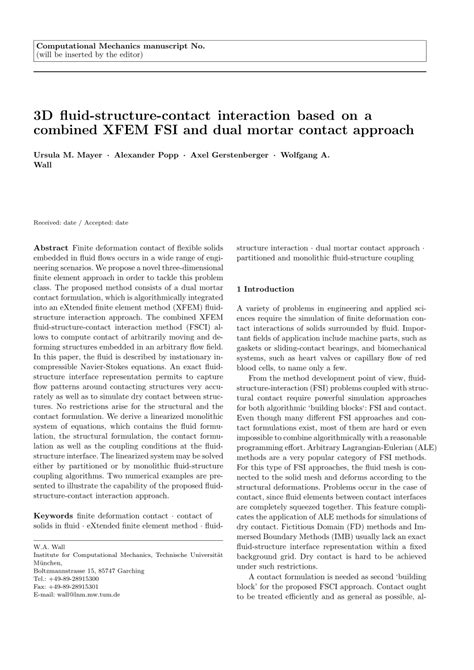 pdf 3d fluid structure contact interaction based on a combined xfem fsi and dual mortar