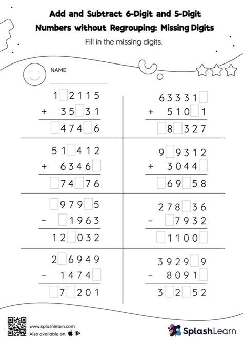 Add And Subtract 6 Digit And 5 Digit Numbers Without Regrouping Missing Digits Worksheet