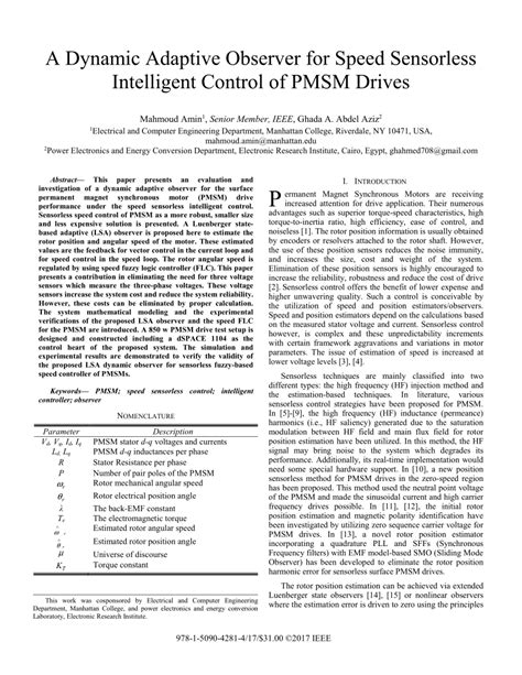 Pdf A Dynamic Adaptive Observer For Speed Sensorless Intelligent