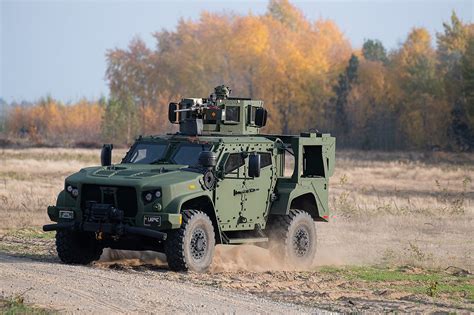A Lithuanian Army Jltv Light Tactical Vehicle With An Turret Mounted M2 Browning Heavy Machine