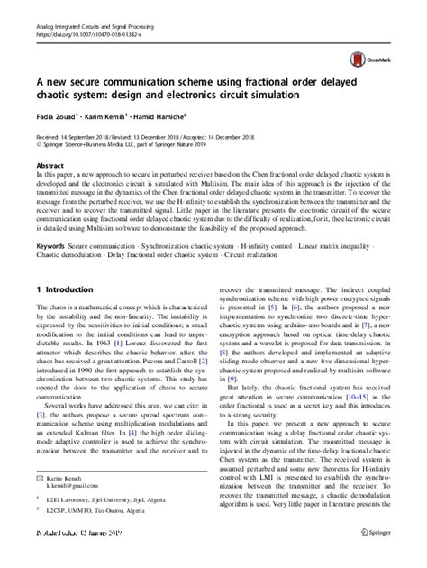 Pdf A New Secure Communication Scheme Using Fractional Order Delayed Chaotic System Design