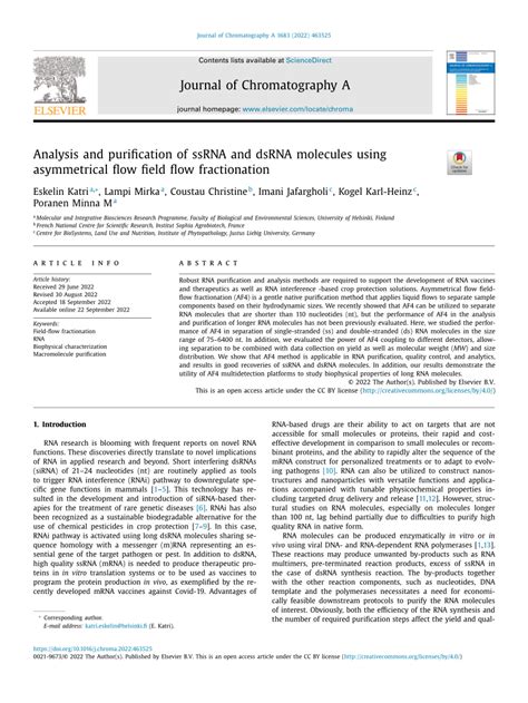 Pdf Analysis And Purification Of Ssrna And Dsrna Molecules Using Asymmetrical Flow Field Flow