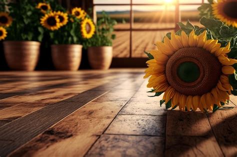 premium photo empty wooden floor table top with sunflower fields on the backgrounds