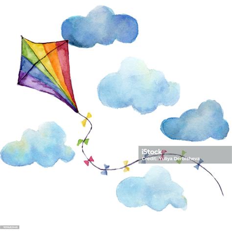 수채화 연 공기 세트 스트립 손으로 그린 구름과 복고풍 디자인으로 빈티지 연 흰색 배경에 고립 된 삽화 하늘에 대한 스톡 벡터 아트 및 기타 이미지 Istock