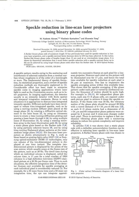 Pdf Speckle Reduction In Line Scan Laser Projectors Using Binary Phase Codes