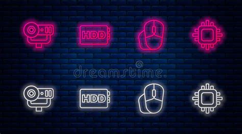 Set Line Hard Disk Drive Hdd Computer Mouse Web Camera And Processor With Cpu Glowing Neon