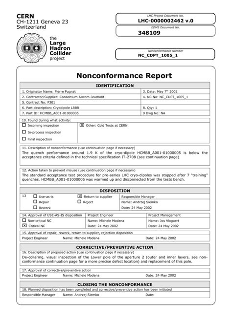 non conformance report template