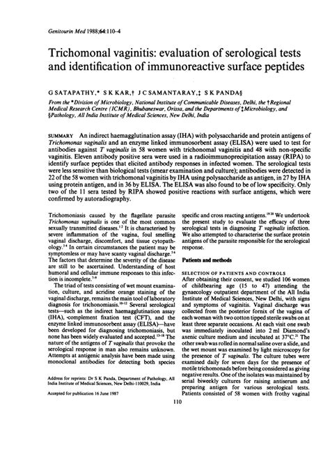 Pdf Trichomonal Vaginitis Evaluation Of Serological Tests And Identification Of