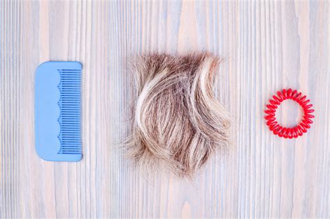 금발 머리 자물쇠 빨간 Scrunchie 블루 플라스틱 빗 밝은 나무 배경 닫기 밝은 나무에 금발 머리 컬을 잘라 헤어 브러시