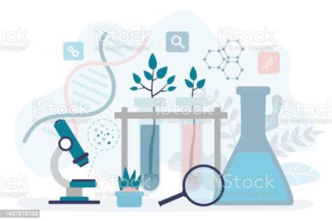 생명 공학 새로운 종류의 식물을 키웁니다 실험실에서 식물 비료에 대한 과학 실험 유전 공학 다양한 플라스크 시험관 및 실험 및 연구 품목 실험실에 대한 스톡 벡터 아트 및