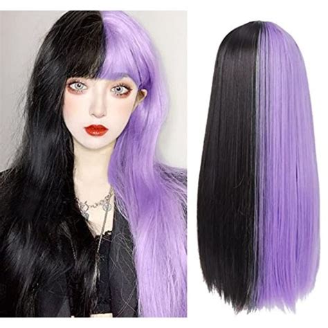 Long Straight Half Black Half Purple With Bangs Wigs Purple Wig