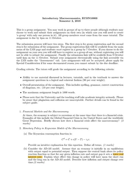 Assignment 2 2019 Introductory Macroeconomics Econ Semester 2 2019 This Is A Group