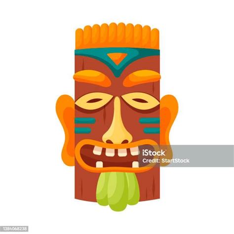 티키 마스크 부족 하와이 토템 또는 아프리카 마야 아즈텍 나무 우상은 흰색 배경에 고립되어 있습니다 민족 의식 머리 폴리네시아 동상 만화 스타일 벡터 티키에 대한 스톡 벡터
