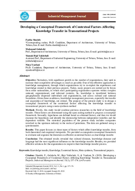 Pdf Developing A Conceptual Framework Of Contextual Factors Affecting Knowledge Transfer In