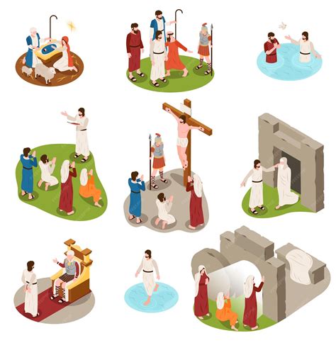 종교와 믿음 기호 아이소 메트릭 격리 된 벡터 일러스트 레이 션 설정 예수의 삶 무료 벡터