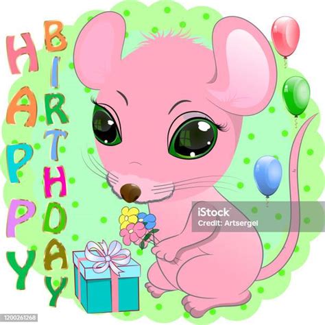 귀여운 마우스와 생일 인사말 카드 분홍색 마우스와 만화 벡터 일러스트레이션 0명에 대한 스톡 벡터 아트 및 기타 이미지 0명 공휴일 귀여운 Istock