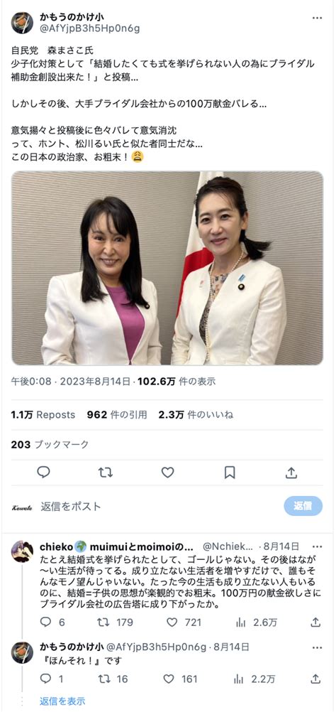 少子化対策議連会長『森まさこ』の推進する『ブライダル補助金事業』、外国人に日本で結婚式を挙げてもらい、一部企業を潤す仕組みになっていたことが