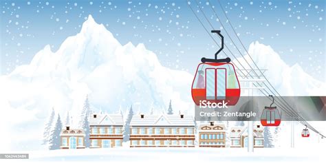케이블 카 또는 산과 눈 덮인 숲에서 집에 대 한 공중 리프트와 스키 리조트입니다 건강한 생활방식에 대한 스톡 벡터 아트 및 기타 이미지 건강한 생활방식 겨울 계절