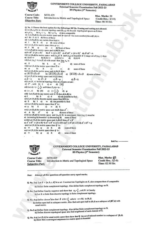 Mth 429 Intro To Metric And Topological Spaces Bs Physics Gcuf Past