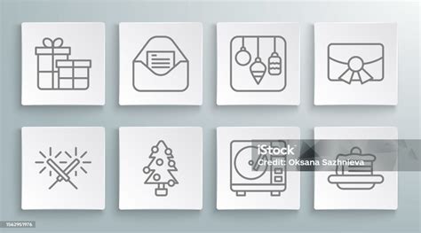 세트 라인 폭죽 크리스마스 파티 초대장 나무 비닐 디스크 케이크 조명 엽서 및 선물 상자 아이콘이 있는 비닐 플레이어 벡터