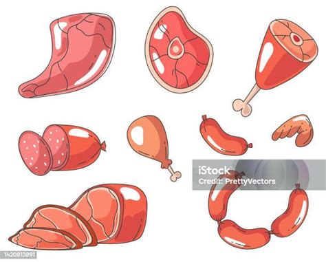 고기 치킨 소시지 돼지 고기 쇠고기 햄 라인 아트 추상 격리 세트 컬렉션 벡터 그래픽 디자인 요소 일러스트 레이 션 개념에 대한 스톡 벡터 아트 및 기타 이미지 Istock
