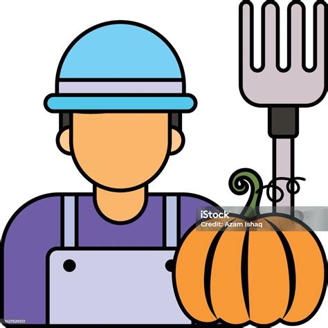농부 밀짚 모자는 큰 호박 개념 스페이드 포크 벡터 컬러 아이콘 디자인 농장 및 원예 기호 마을 생활 표지판 시골 및 가축 재고