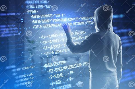 Back View Of Hacker Using Creative Digital Programming Language On