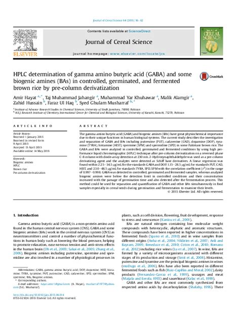 Pdf Hplc Determination Of Gamma Amino Butyric Acid Gaba And Some Biogenic Amines Bas In