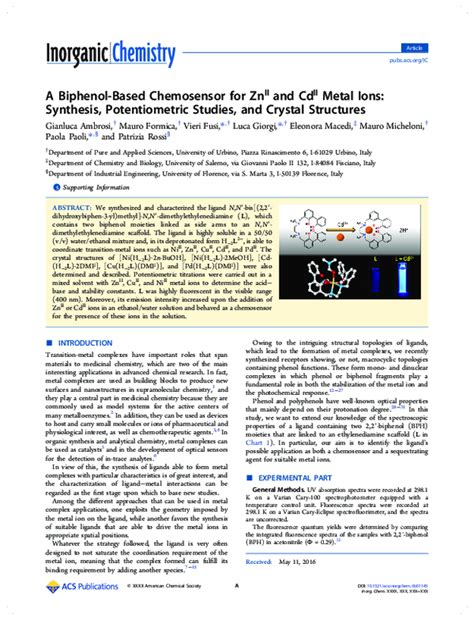 Pdf A Biphenol Based Chemosensor For Znii And Cdii Metal Ions Synthesis Potentiometric
