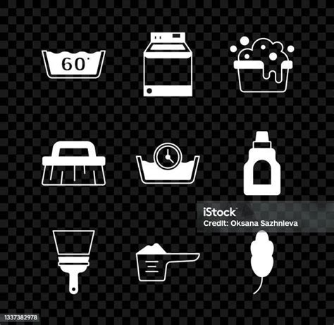 세트 온도 세척 와셔 비누 비누 분지 창문고무 클리너 세척 분말 깃털 브러시 청소 및 시간 아이콘 벡터 가사 집안일에 대한 스톡 벡터 아트 및 기타 이미지 Istock