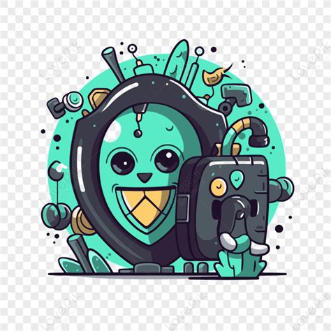 주변에 다양한 물체가 있는 만화 디자인의 작은 로봇 벡터제도법삽화 Png 일러스트 무료 다운로드 Lovepik