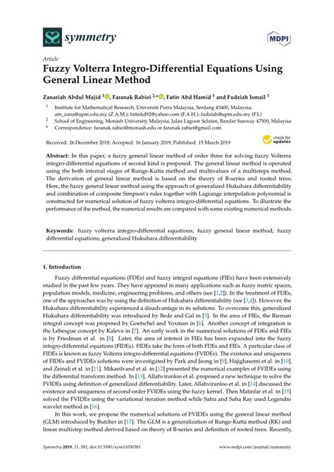 Pdf Fuzzy Volterra Integro Differential Equations Using General Linear Method