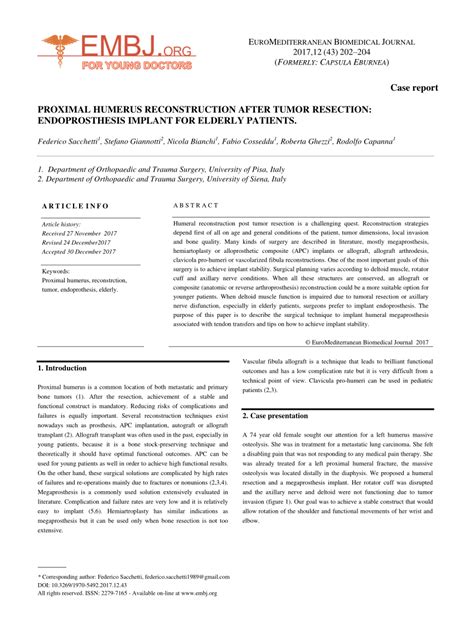 Pdf Proximal Humerus Reconstruction After Tumor Resection Endoprosthesis Implant For Elderly