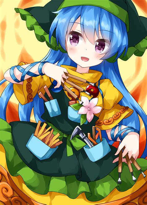 Safebooru 1girl Apron Arm Ribbon Bangs Between Fingers Blue Hair Blue