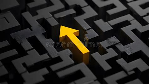 Yellow Arrow Navigating Through A Black Maze Concept Of Direction And Problem Solving Stock
