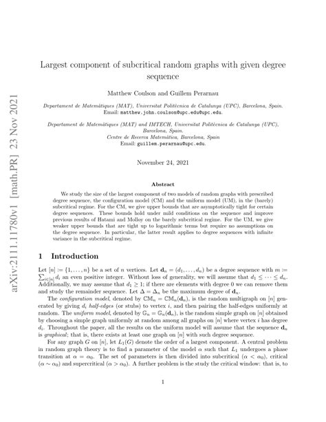 pdf largest component of subcritical random graphs with given degree sequence