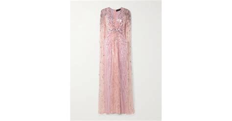 Jenny Packham Rush Embellished Cape Effect Tulle Gown In Pink Lyst