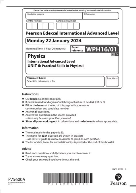 Pearson Edexcel A Level Paper 1 Physics International Advanced Level Unit 6 Practical Skills In