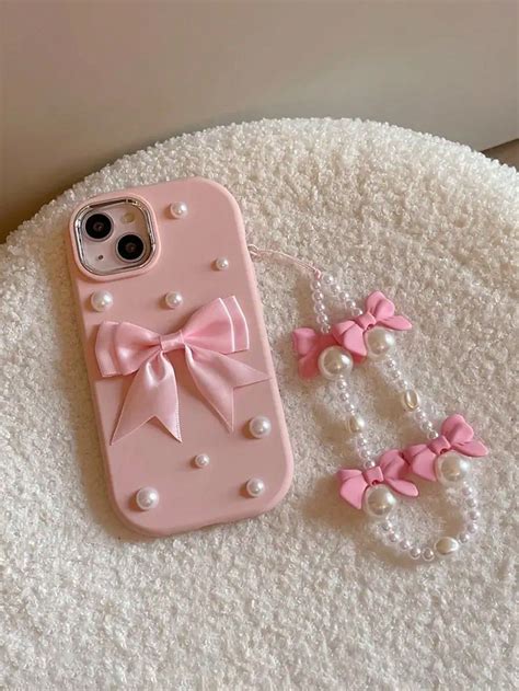 Aesthetic Pink 1pc Faux Pearl Bowknot Design Phone Case With Faux Pearl Strap Compatible With