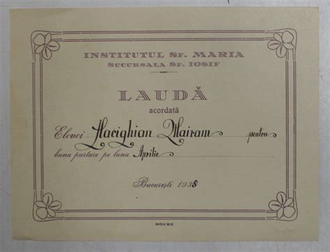 Institutul Sf Maria Sucursala Sf Iosif Lauda Minidiploma Acordata Elevei Hacighian