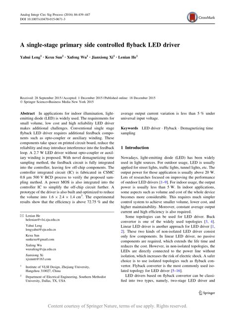 A Single Stage Primary Side Controlled Flyback Led Driver Request Pdf