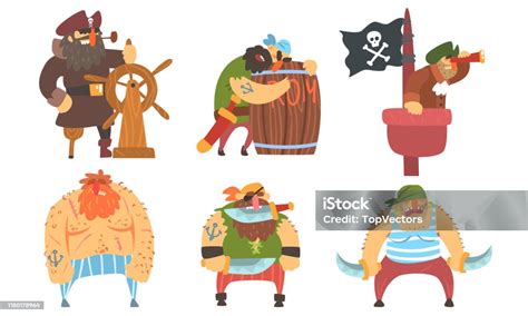 재미 용감한 선원 해적과 선장 세트 남성 Buccaneers 만화 캐릭터 벡터 일러스트 해적에 대한 스톡 벡터 아트 및 기타
