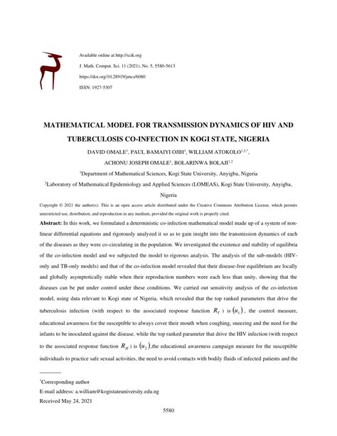 Pdf Mathematical Model For Transmission Dynamics Of Hiv And Tuberculosis Co Infection In Kogi