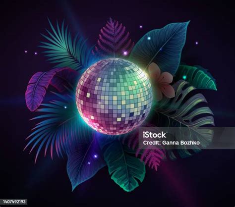 형광 열대 잎을 가진 디스코 볼 그림 자연 개념 여름 파티 포스터 벡터 일러스트 레이 션 미러볼에 대한 스톡 벡터 아트 및 기타 이미지 Istock