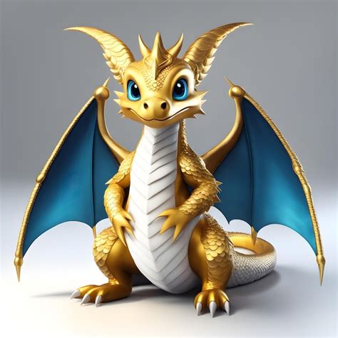 Premium Photo A Golden Cheeky Dragon Isolated On A Light Background Has Blue Wings