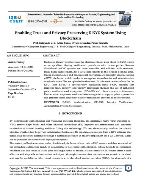 Enabling Trust And Privacy Preserving E Kyc System Using Blockchain Ijsrcseit Pdf Cloud