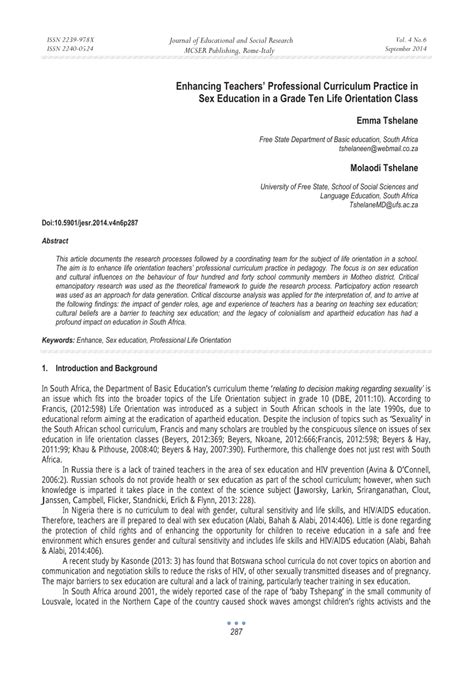 Pdf Enhancing Teachers Professional Curriculum Practice In Sex Education In A Grade Ten Life